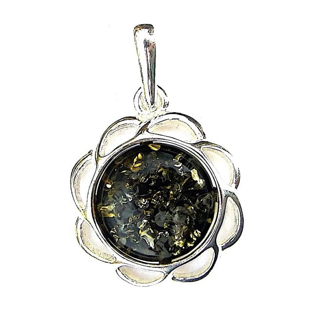 Green Amber Flower Pendant - Silver Jewellery Cavern