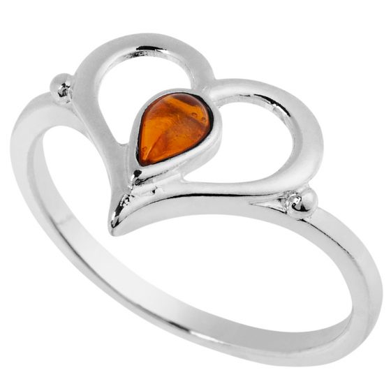 Beautiful Amber Heart Ring - Silver Jewellery Cavern