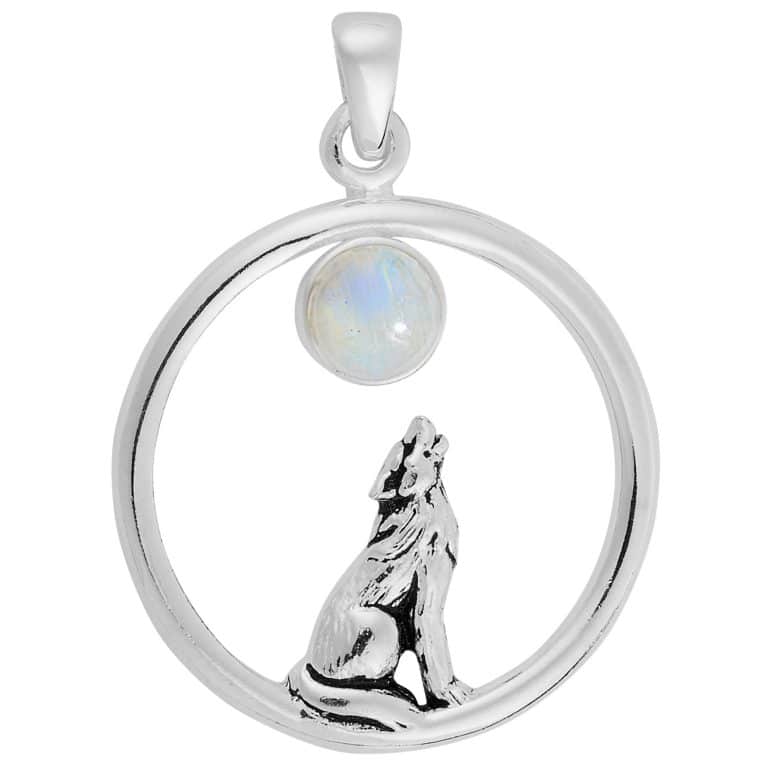 Moonstone Howling Wolf Pendant - Silver Jewellery Cavern