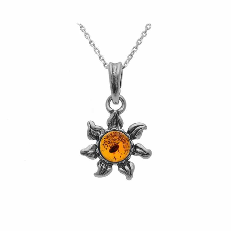 Dainty Amber Flower Pendant- Silver Jewellery Cavern